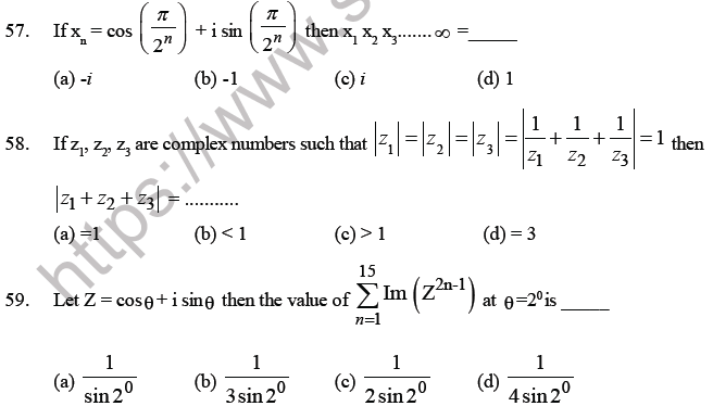 JEE Mathematics Complex Numbers MCQs Set A with Answers